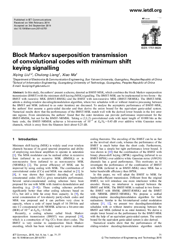 (PDF) Block Markov superposition transmission of convolutional codes with minimum shift keying ...
