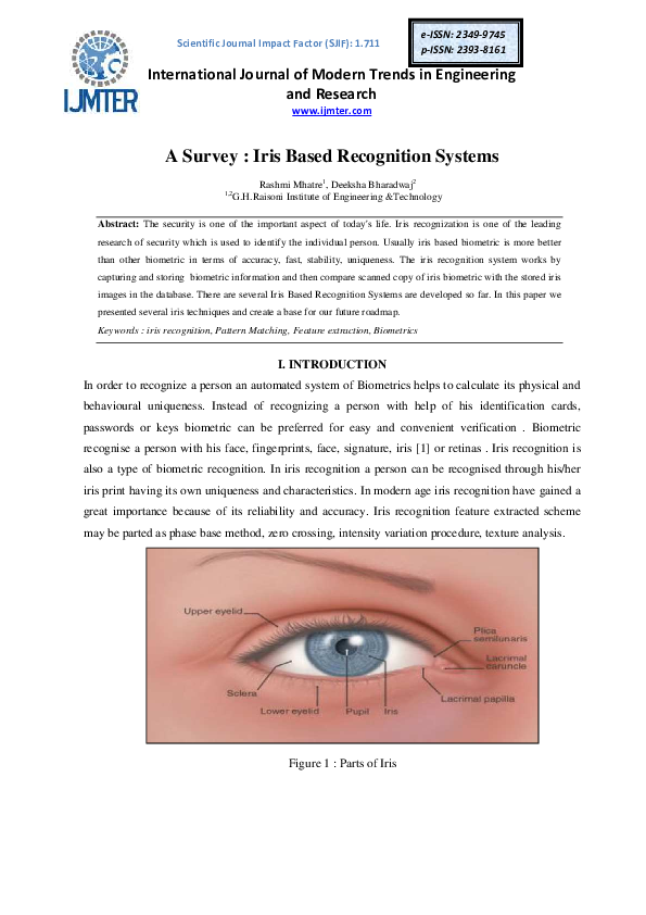 Pdf A Survey Iris Based Recognition Systems