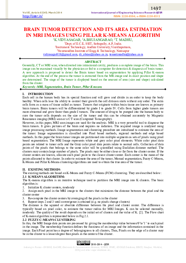 Pdf Brain Tumor Detection And Its Area Estimation In Mri Images Using Pillar K Means Algorithm