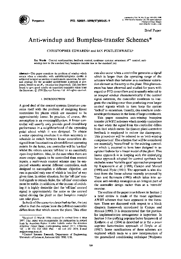 (PDF) Brief Paper Anti-windup and Bumpless-transfer