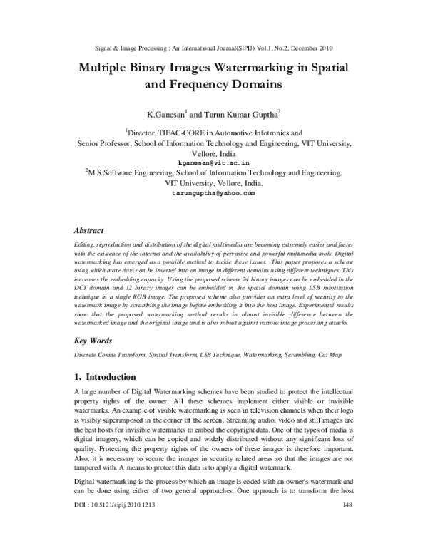 Pdf Multiple Binary Images Watermarking In Spatial And Frequency Domains Signal And Image