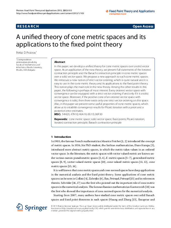 (PDF) A unified theory of cone metric spaces and its applications to the fixed point theory