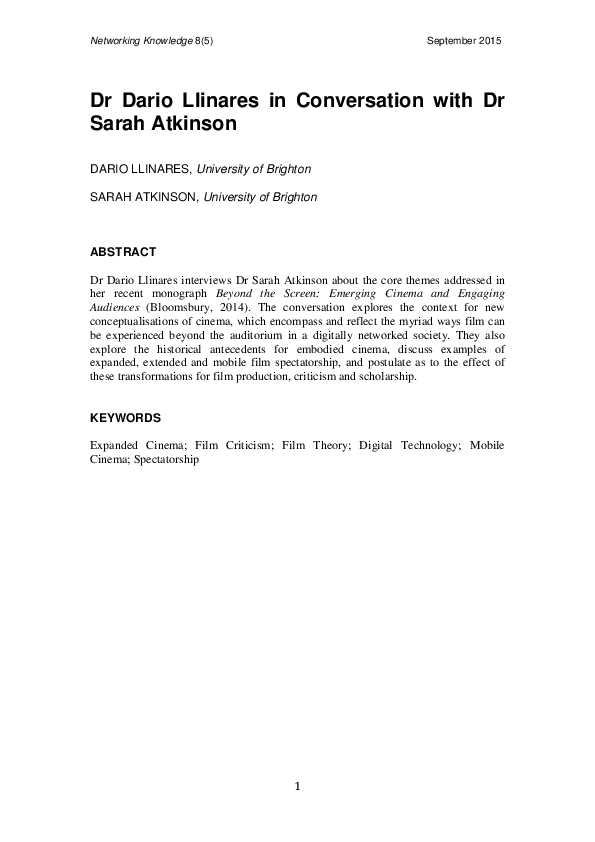 (PDF) Dr Dario Llinares in Conversation with Dr Sarah Atkinson