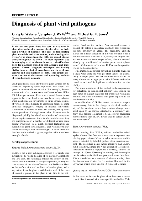 (PDF) Diagnosis of plant viral pathogens
