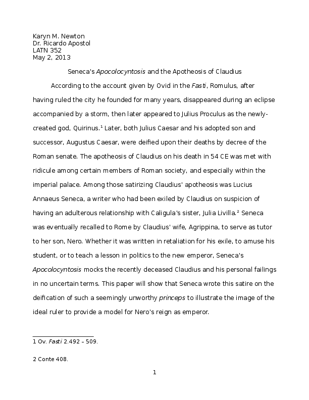 (DOC) Seneca's Apocolocyntosis and the Apotheosis of Claudius