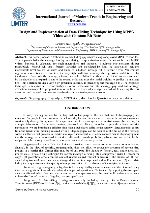 (PDF) Design and Implementation of Data Hiding Technique by Using MPEG Video with Constant Bit Rate