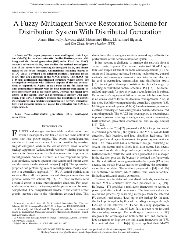 Pdf A Fuzzy Multiagent Service Restoration Scheme For Distribution System With Distributed
