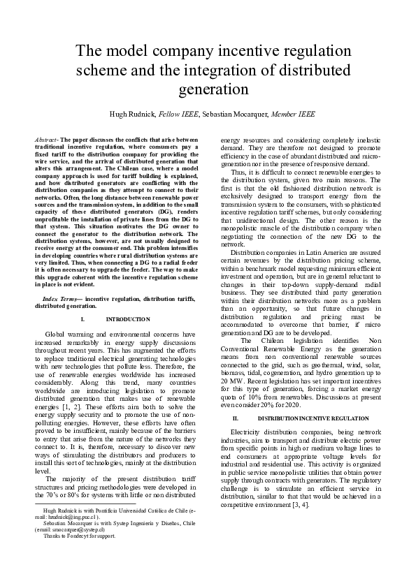 (PDF) The model company incentive regulation scheme and the integration ...