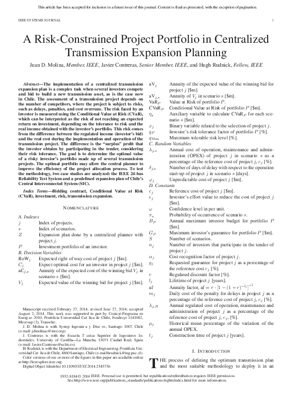 (PDF) A Risk-Constrained Project Portfolio in Centralized Transmission Expansion Planning