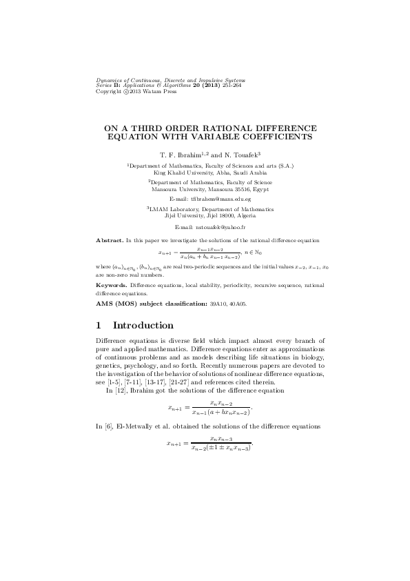 Pdf On A Third Order Rational Difference Equation With Variable Coefficients