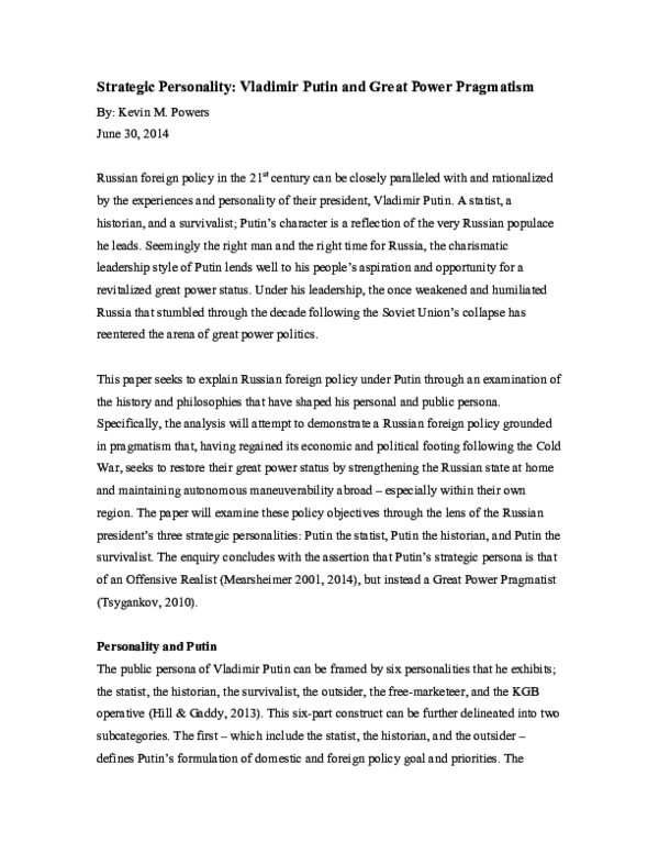 (PDF) Strategic Personality: Vladimir Putin and Great Power Pragmatism