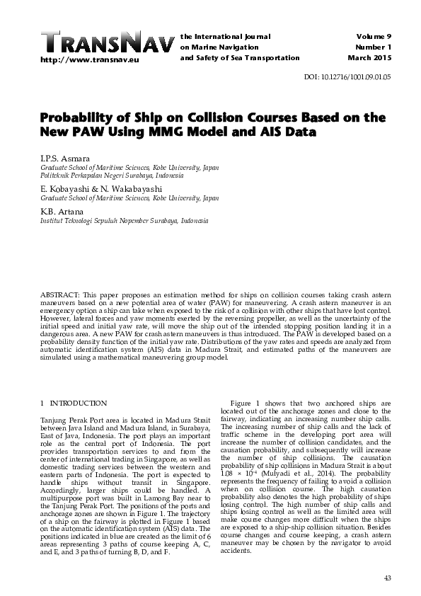 (PDF) Probability of Ship on Collision Courses Based on the New PAW Using MMG Model and AIS Data