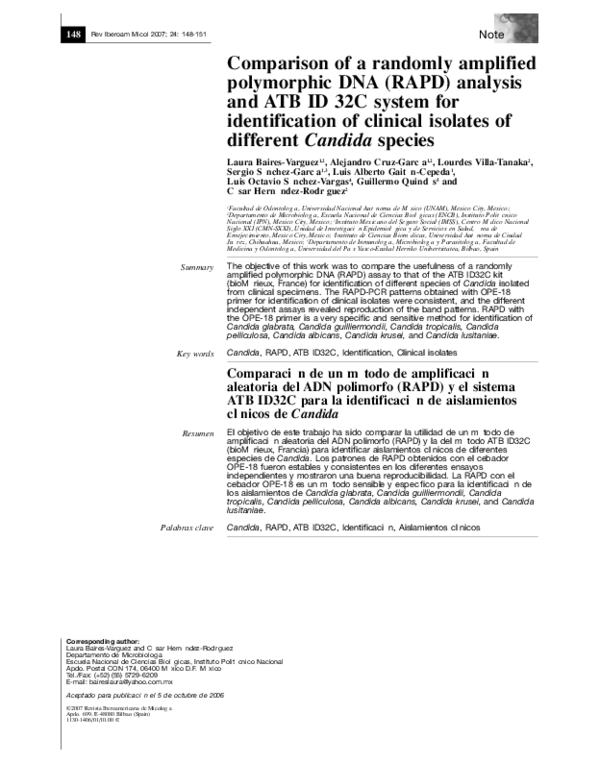 Pdf Comparison Of A Randomly Amplified Polymorphic Dna Rapd Analysis And Atb Id 32c System