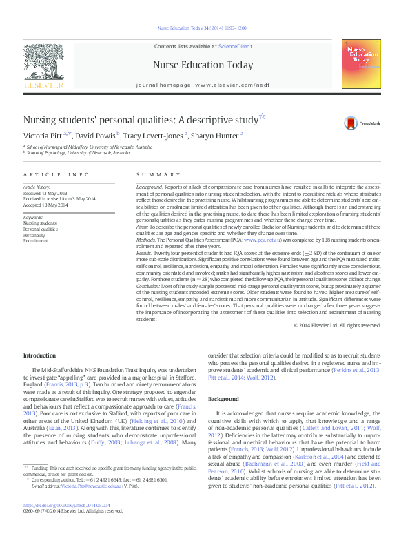 (PDF) Nursing students' personal qualities: a descriptive study | David ...