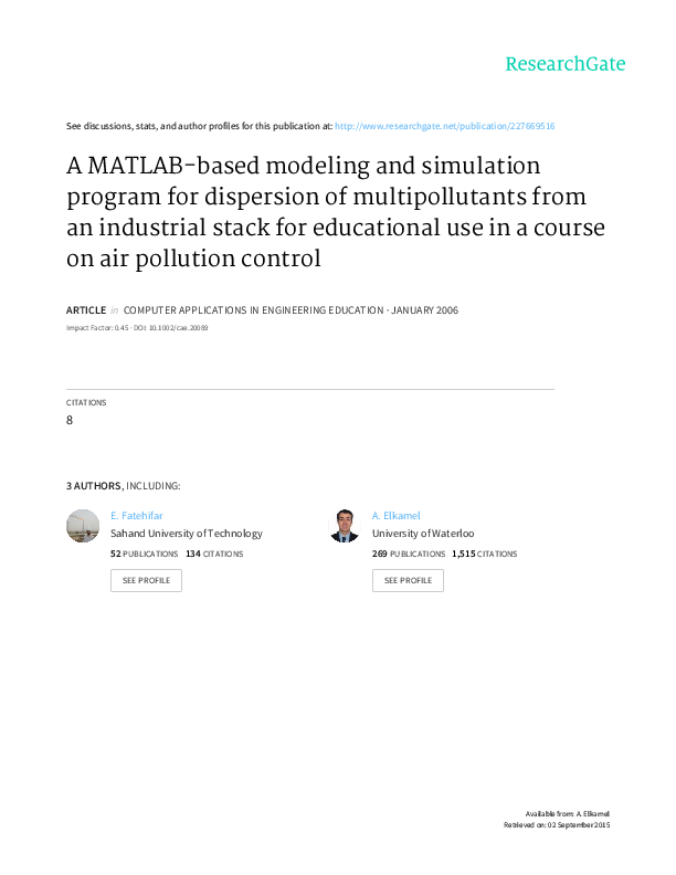 A Matlab Based Modeling And Simulation Program For Dispersion Of
