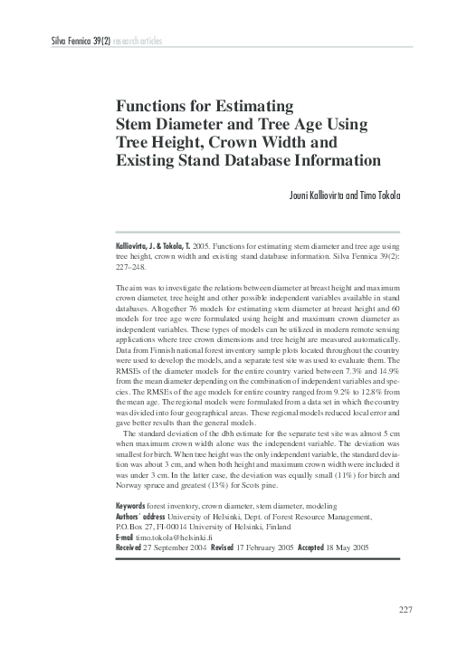 (PDF) Functions for Estimating Stem Diameter and Tree Age Using Tree Height, Crown Width and ...