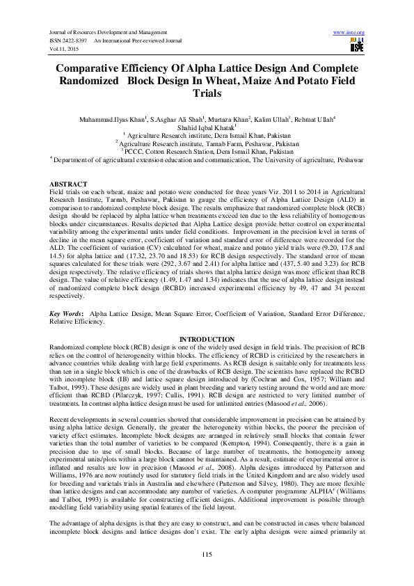 (PDF) Comparative Efficiency Of Alpha Lattice Design And Complete Randomized Block Design In ...