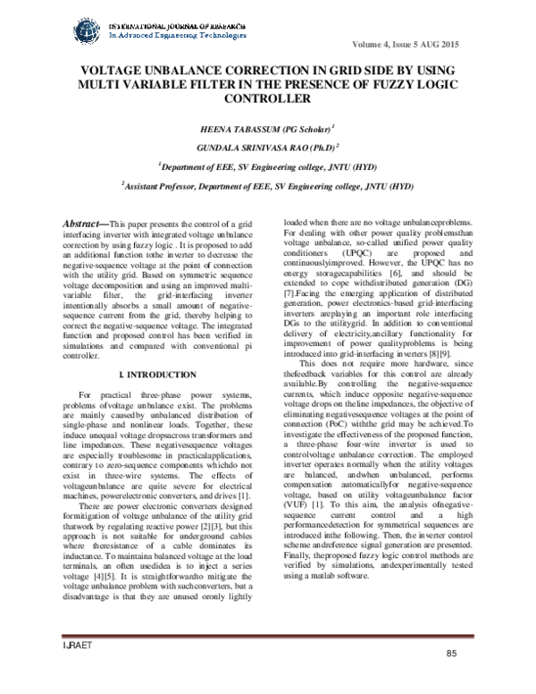 (PDF) VOLTAGE UNBALANCE CORRECTION IN GRID SIDE BY USING MULTI VARIABLE FILTER IN THE PRESENCE ...