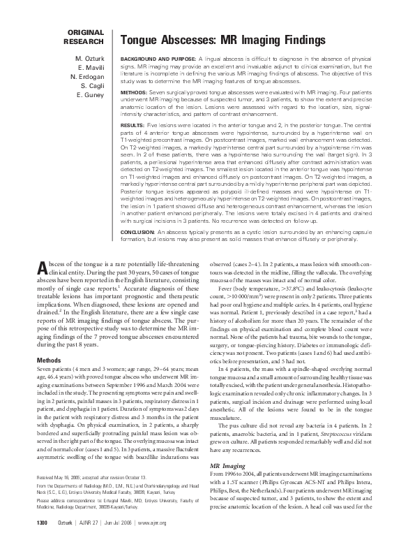 (PDF) Tongue abscesses: MR imaging findings | sedat çağlı - Academia.edu