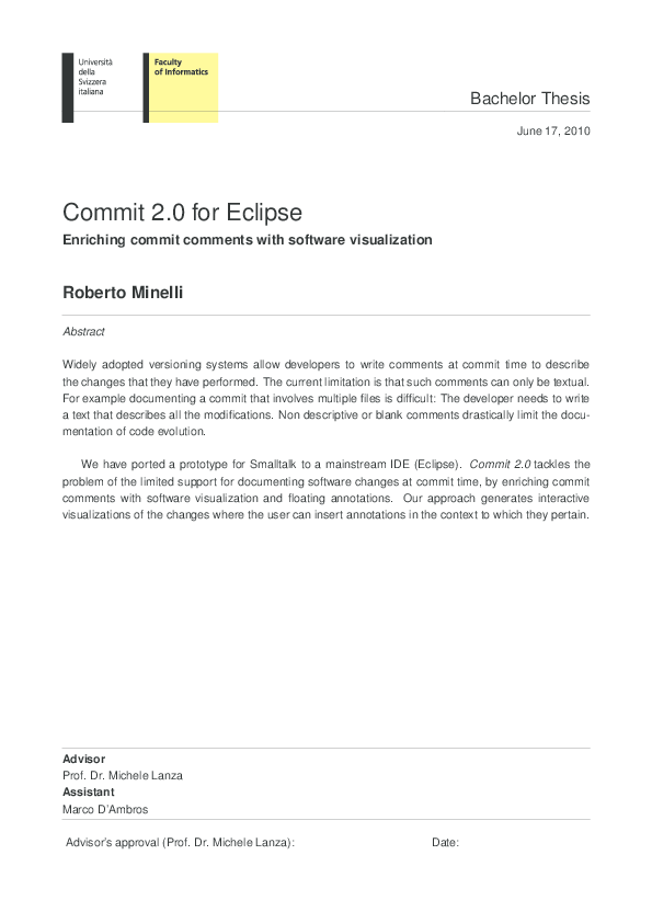 (PDF) Commit 2.0 for Eclipse: Enriching commit comments with software visualization