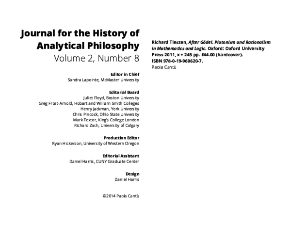 (PDF) After Gödel [Review: Richard Tieszen, After Gödel. Platonism and ...