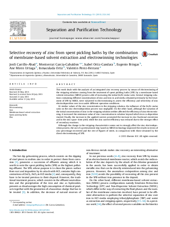 (PDF) Selective recovery of zinc from spent pickling baths by the ...