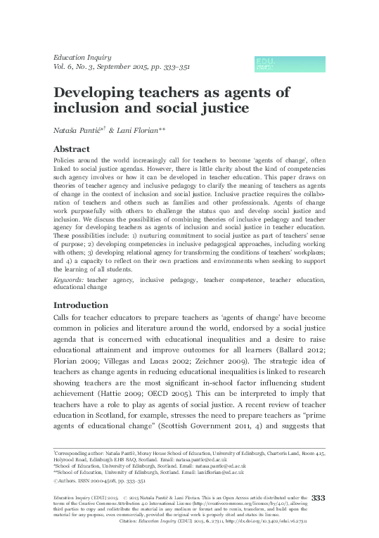 (PDF) Developing teachers as agents of inclusion and social justice