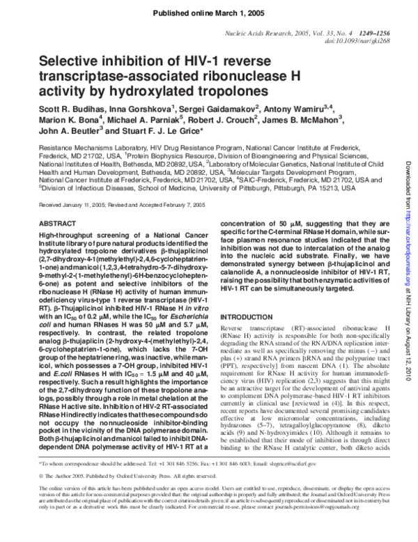 Pdf Selective Inhibition Of Hiv 1 Reverse Transcriptase Associated Ribonuclease H Activity By