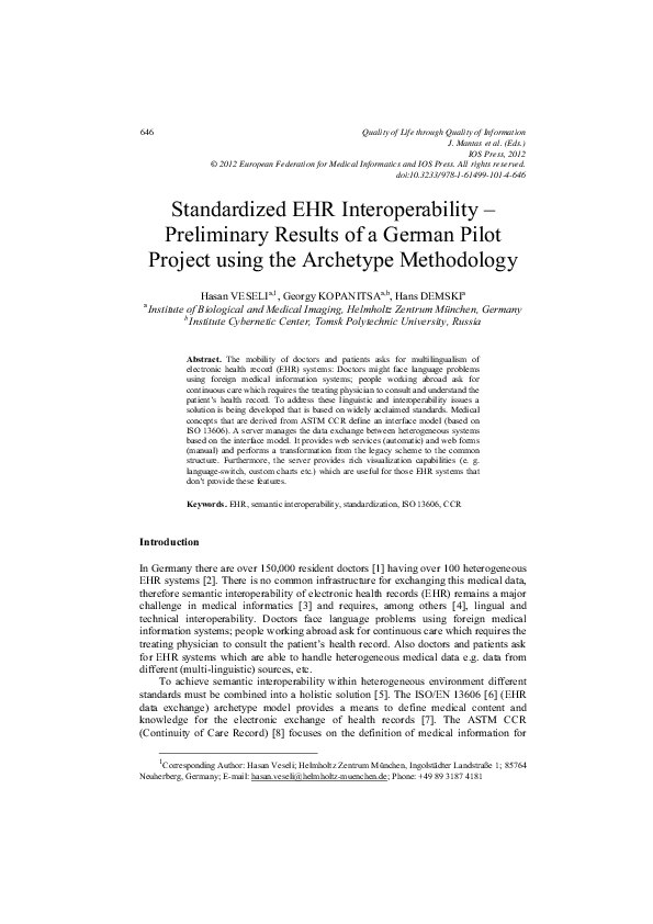 (PDF) Standardized EHR interoperability - preliminary results of a German pilot project using ...