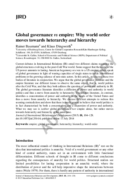 (PDF) Rainer Baumann/Klaus Dingwerth 2015: Global Governance vs Empire ...