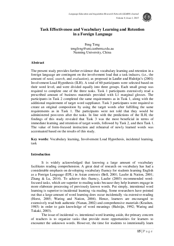 (PDF) Task Effectiveness and Vocabulary Learning and Retention in a ...
