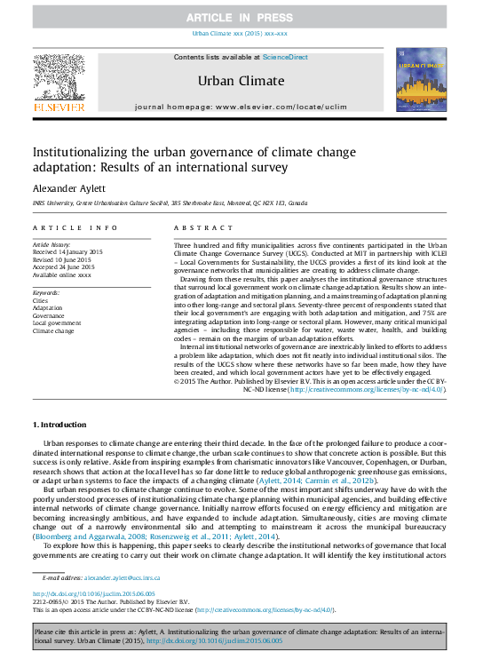 Institutionalizing the urban governance of climate change adaptation ...