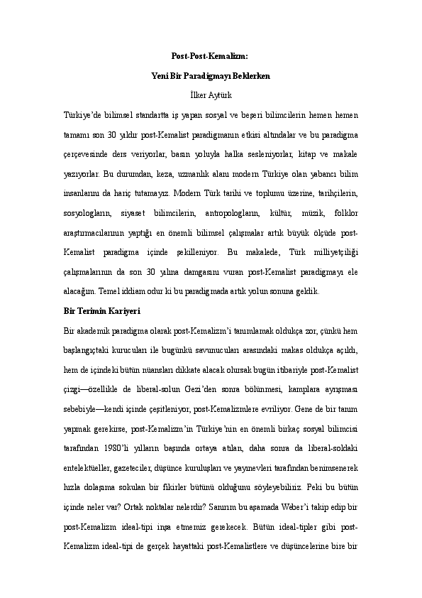 (DOC) Post-Post-Kemalizm: Yeni Bir Paradigmayı Beklerken