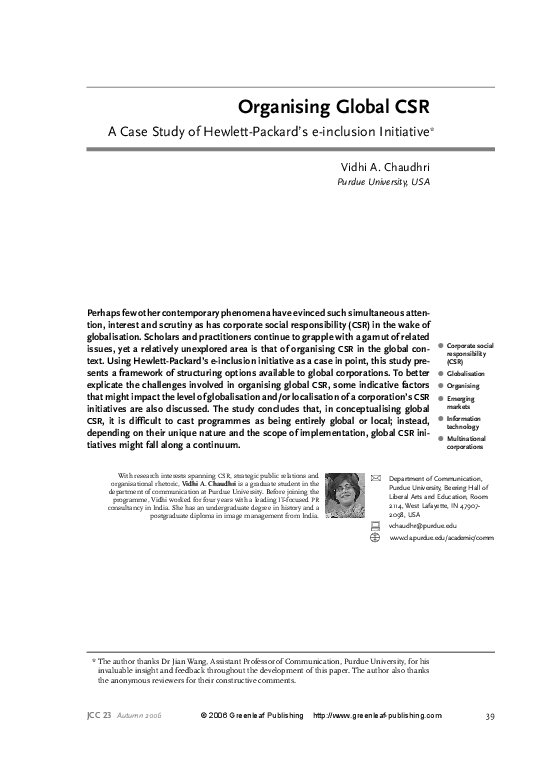 (PDF) Organising Global CSR: A Case Study of Hewlett-Packard’s e ...
