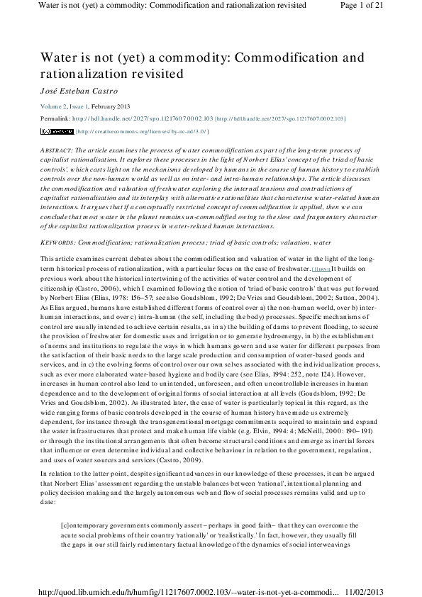 (PDF) Water is not (yet) a commodity: commodification and ...