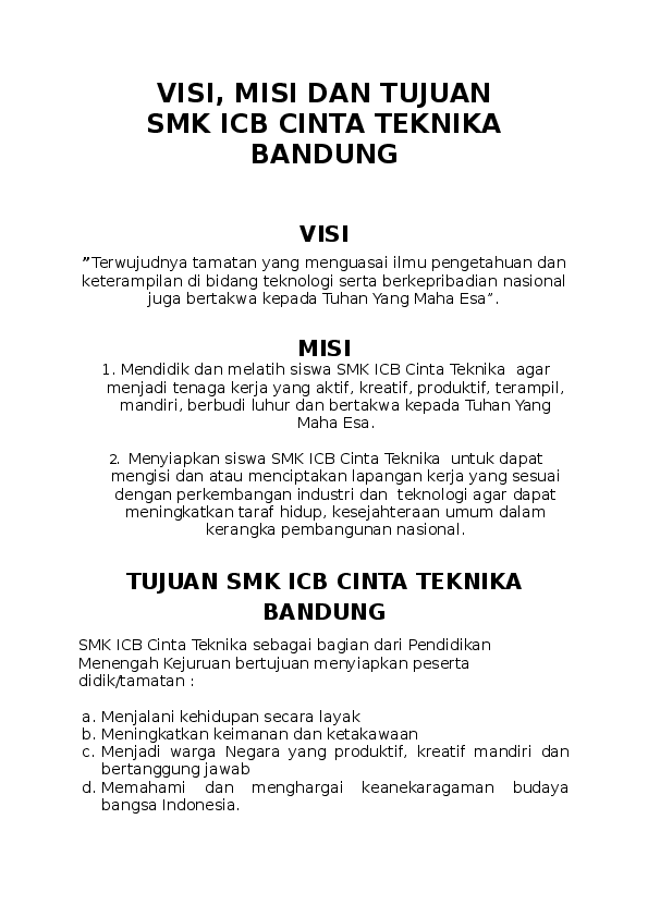 (DOC) VISI, MISI DAN TUJUAN SMK ICB CINTA TEKNIKA BANDUNG