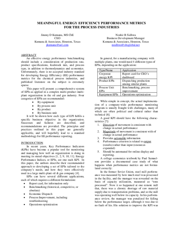 Pdf Meaningful Energy Efficiency Performance Metrics