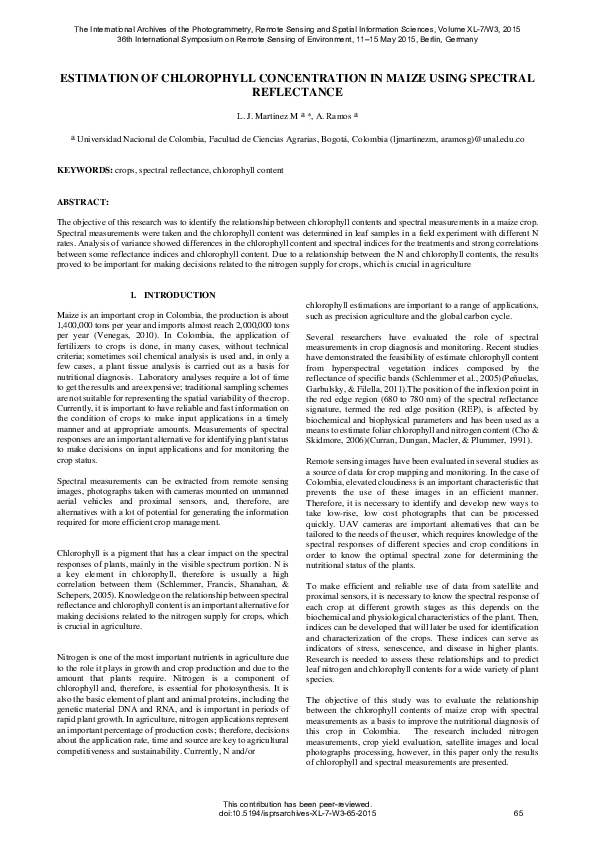 (PDF) ESTIMATION OF CHLOROPHYLL CONCENTRATION IN MAIZE USING SPECTRAL REFLECTANCE