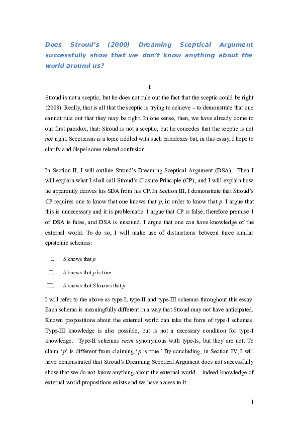 (DOC) Critique of Stroud: External World Skeptisism