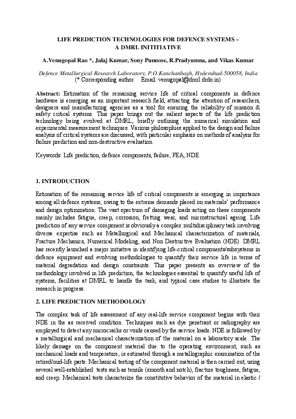 (PDF) LIFE PREDICTION TECHNOLOGIES FOR DEFENCE SYSTEMS – A DMRL ...