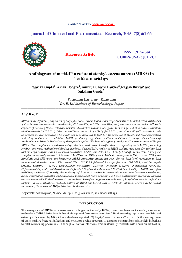 Pdf Antibiogram Of Methicillin Resistant Staphylococcus Aureus Mrsa In Healthcare Settings