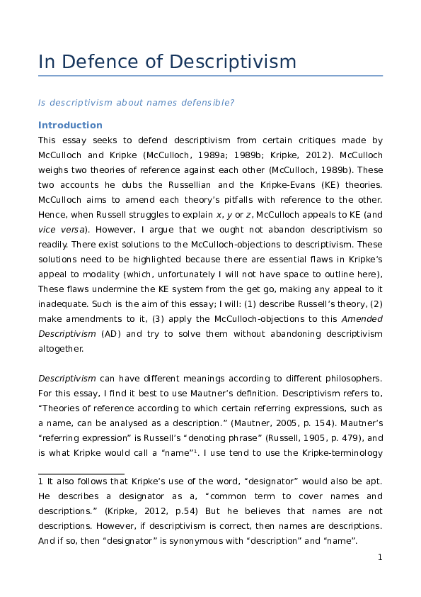 (DOC) Defence of Russell's descriptivism about names