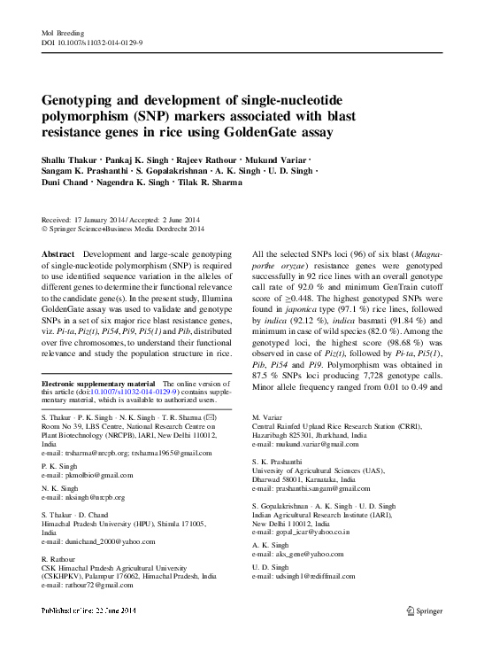 (PDF) Genotyping and development of single-nucleotide polymorphism (SNP) markers associated with ...