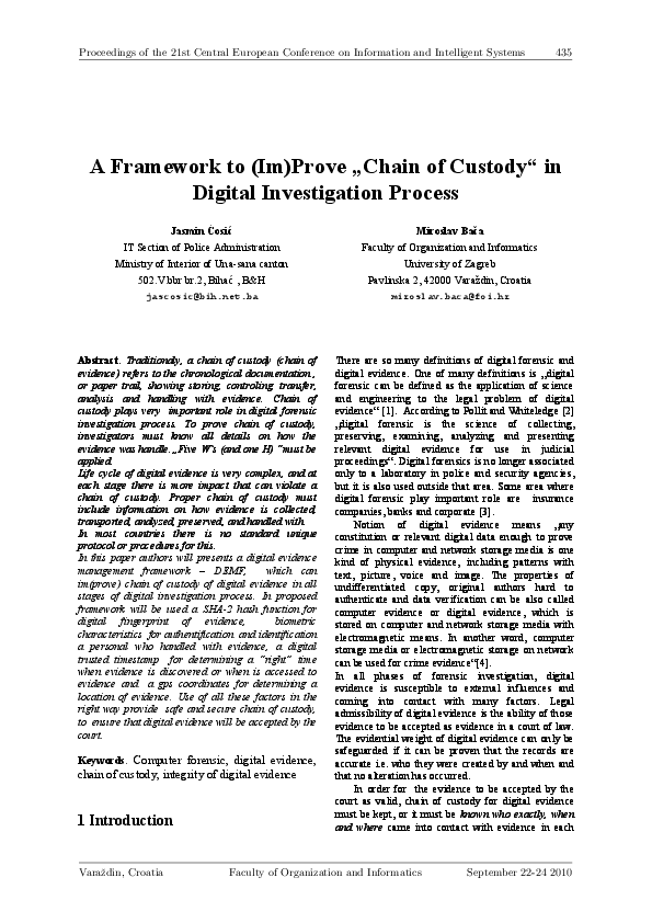 Pdf A Framework To Im Prove „chain Of Custody In Digital Investigation Process