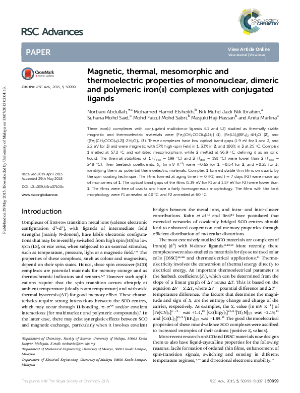 (PDF) Magnetic, thermal, mesomorphic and thermoelectric properties of mononuclear, dimeric and ...