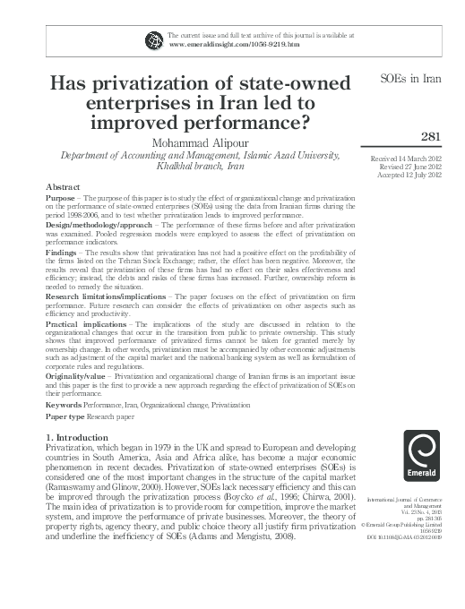 (PDF) Has Privatization of State-Owned Enterprises in Iran Led to Improved Performance?