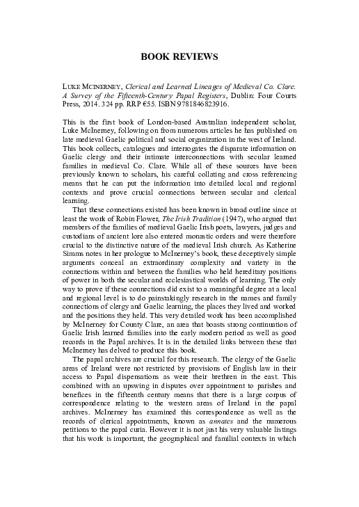 (PDF) Review of 'Clerical and learned lineages of medieval Co. Clare' by Dr Dianne Hall