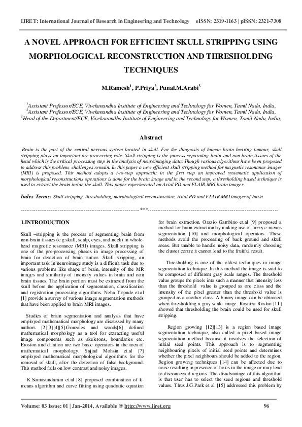 (PDF) A NOVEL APPROACH FOR EFFICIENT SKULL STRIPPING USING MORPHOLOGICAL RECONSTRUCTION AND ...