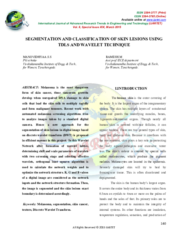 Pdf Segmentation And Classification Of Skin Lesions Using Tdls And Wavelet Technique