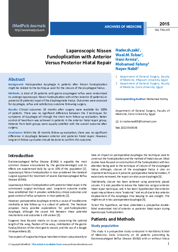 (PDF) Laparoscopic Nissen Fundoplication with Anterior Versus Posterior ...